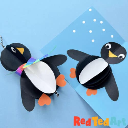 3d Paper Penguin Ornament & Greeting Card - Red Ted Art - Kids Crafts