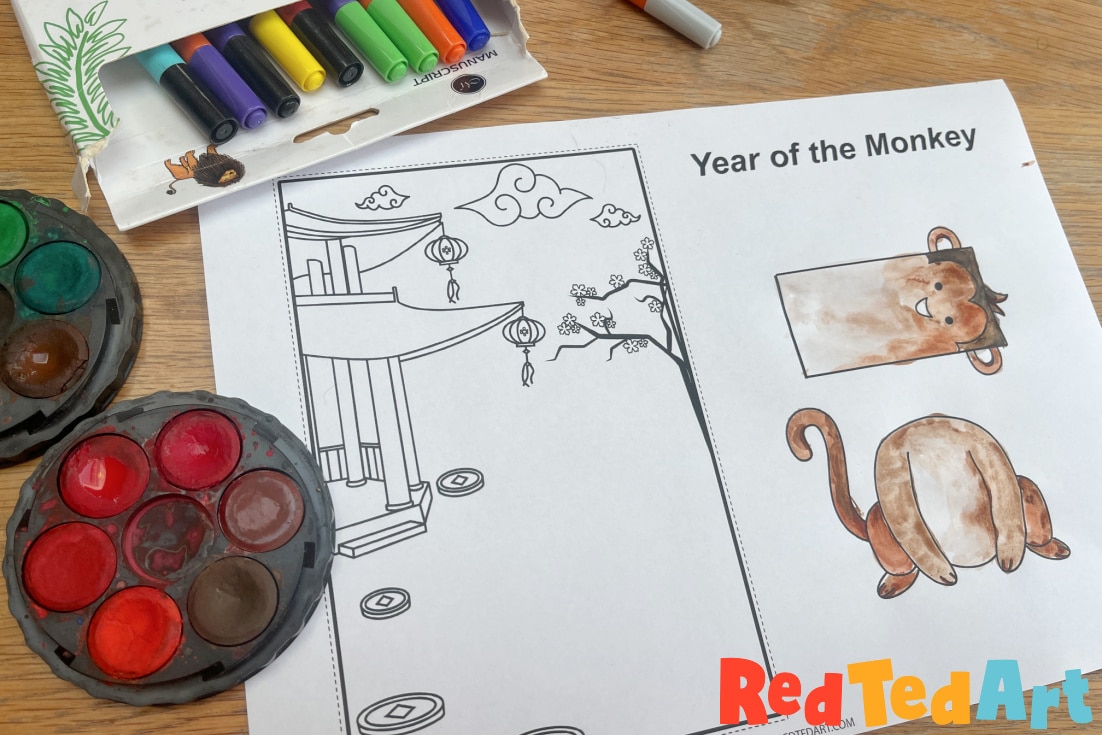 Chinese New Year - 3D Monkey Coloring Page - Red Ted Art - Kids Crafts