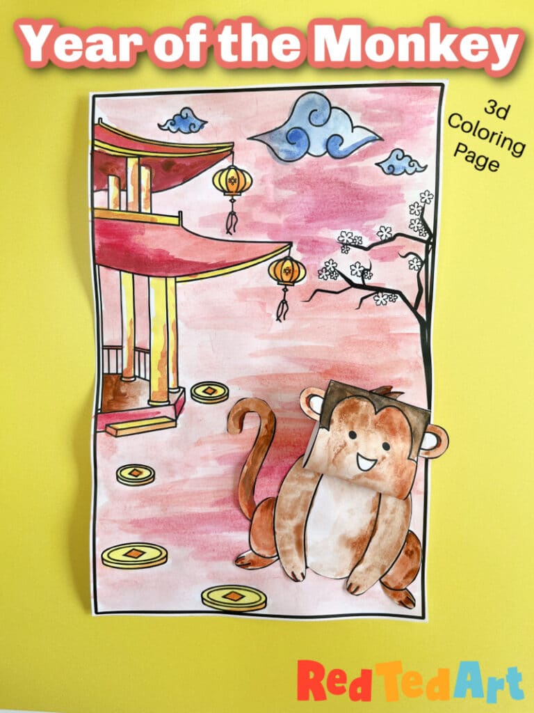Chinese New Year - 3D Monkey Coloring Page - Red Ted Art - Kids Crafts
