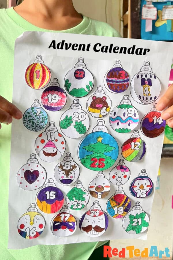 Christmas Bauble Advent Calendar Coloring Page - Red Ted Art - Kids Crafts